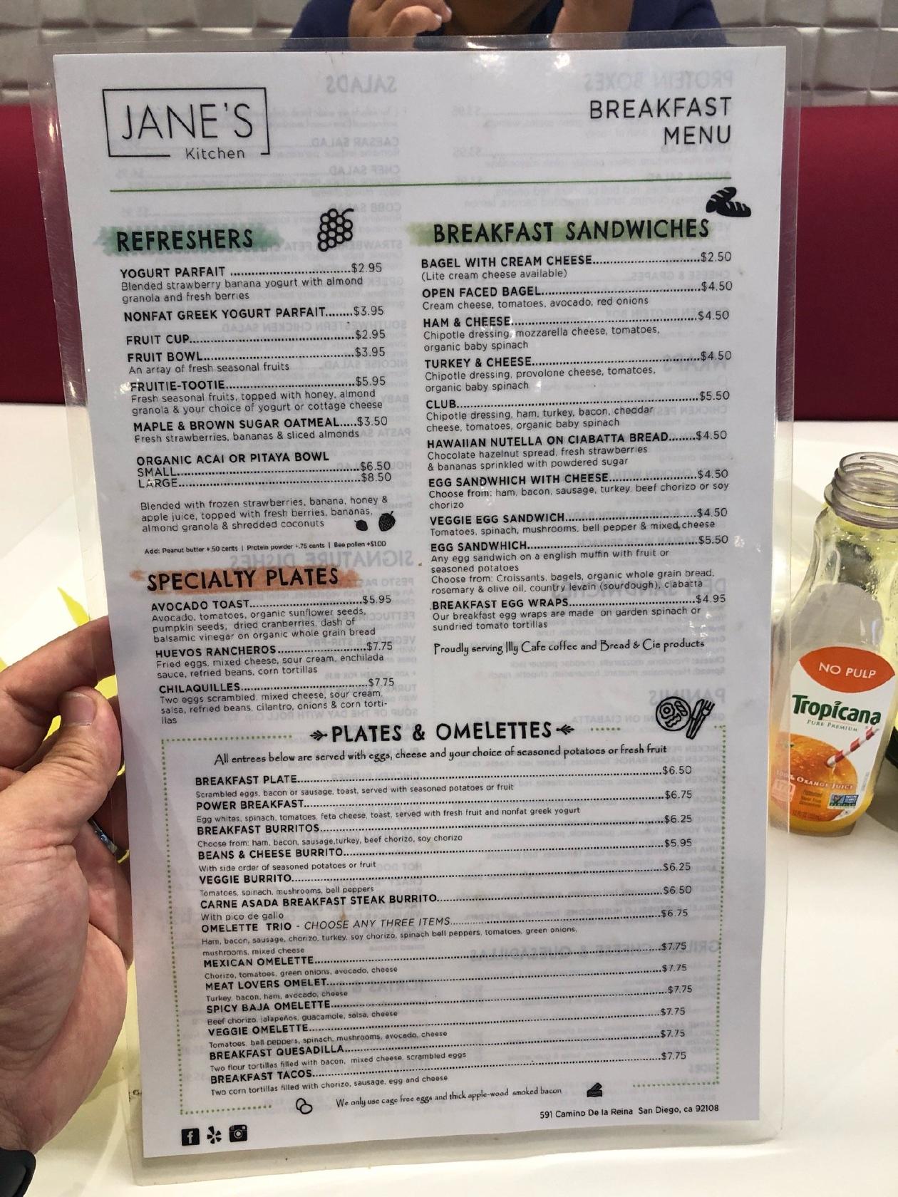 Menu at Jane's Cafe, San Diego