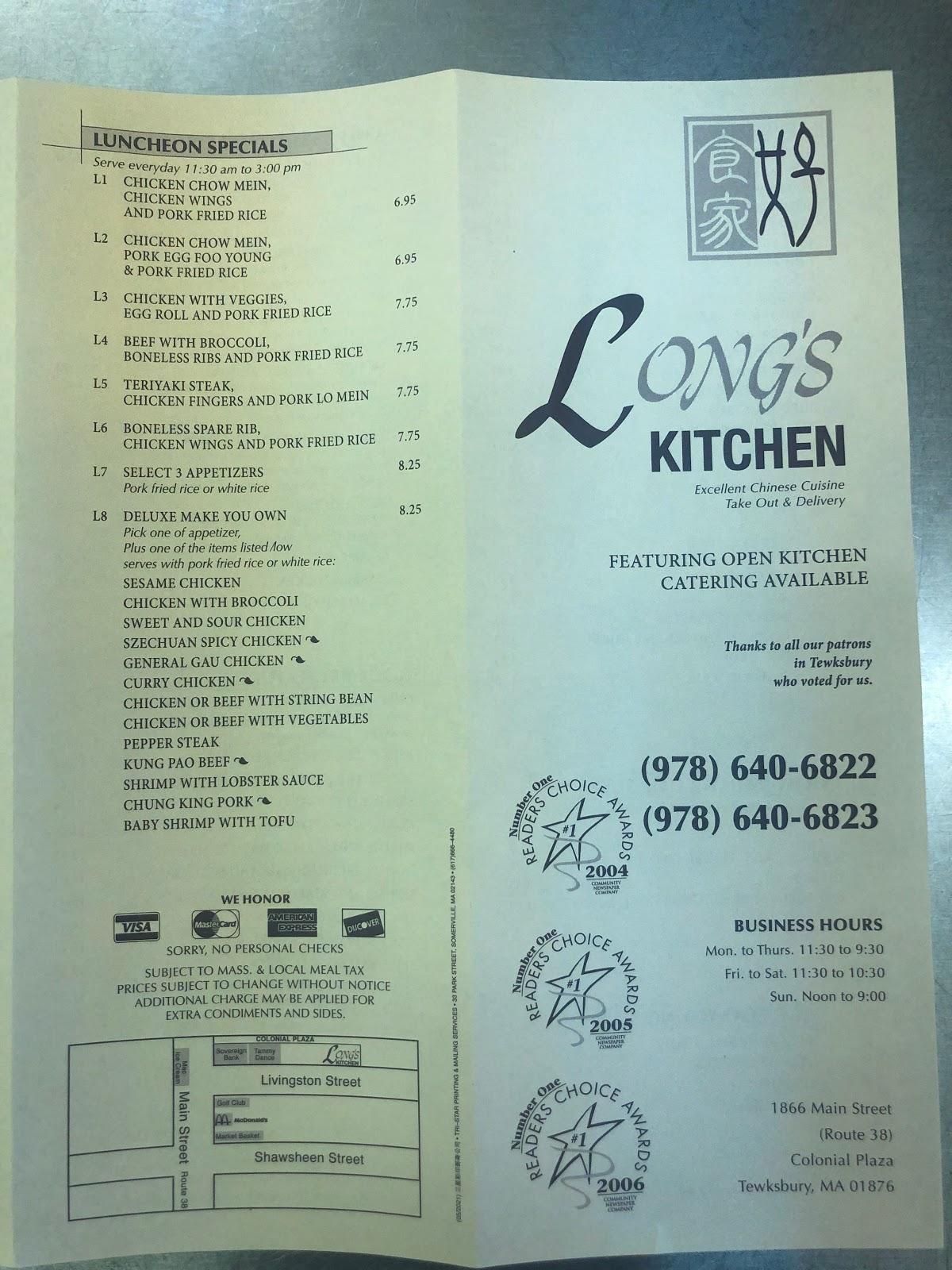 Menu at Long's Kitchen restaurant, Tewksbury