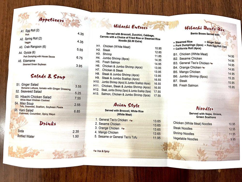 Menu at Mizuki Japan restaurant, Wilmington
