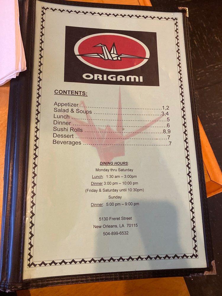 Carta de Origami Restaurant, Nueva Orleans