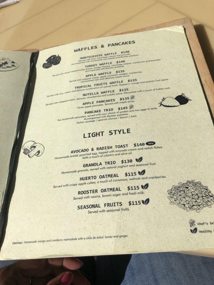 Menu at Rooster cafe, Cancún, Av Sunyaxchen 41