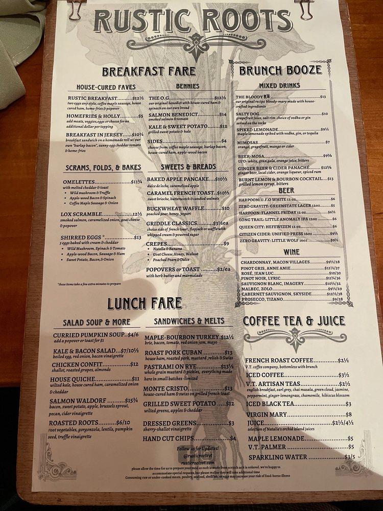 Menu at Rustic Roots pub & bar, Shelburne
