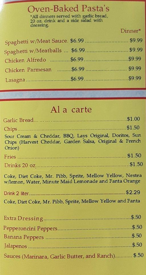 Carta de pizzería Tiny Town Pizza & Subs, Guthrie