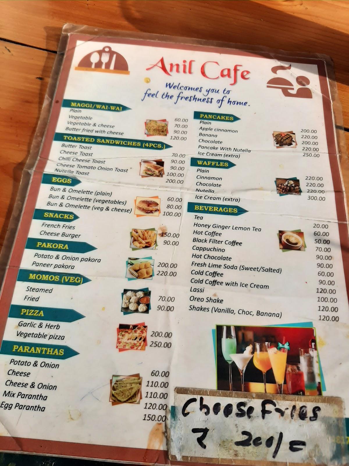 Menu at Anil's Cafe, Mussoorie