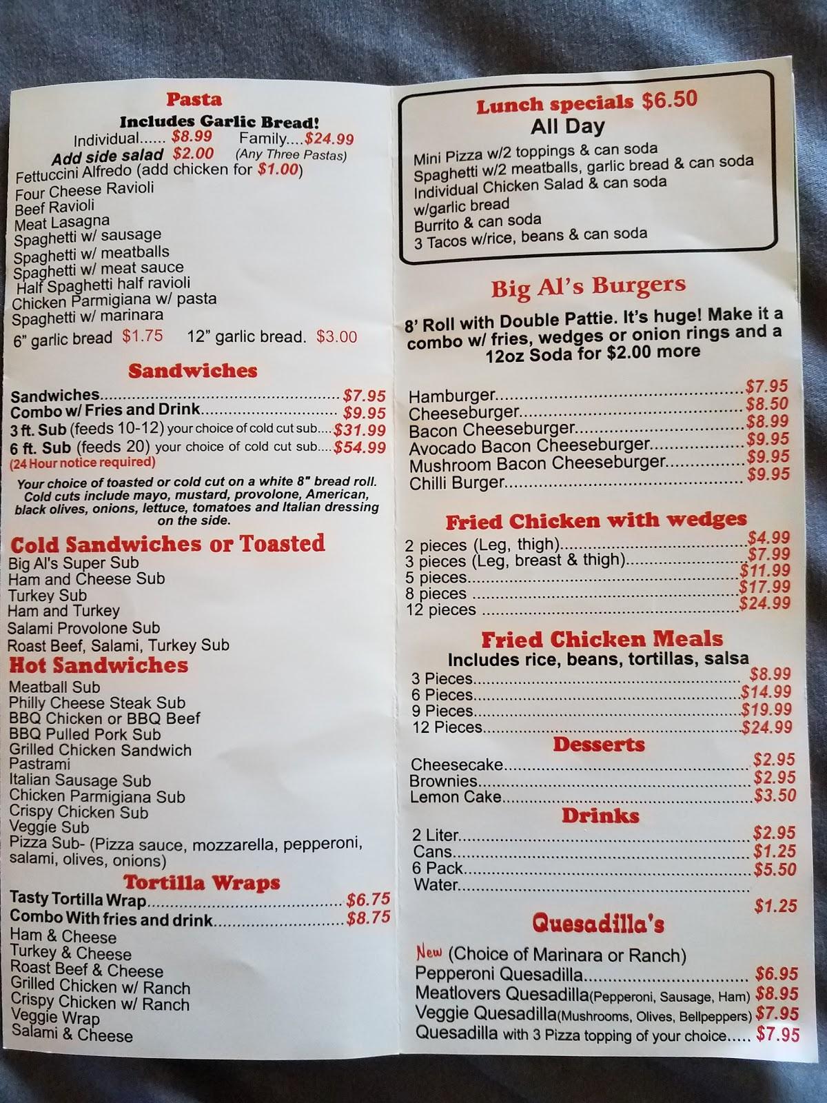 Menu at Big Al's Pizza pizzeria, Lake Los Angeles, 170th St E