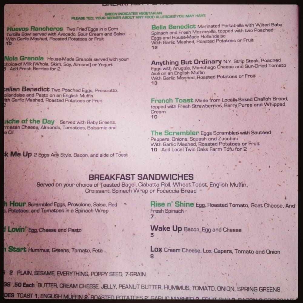 Menu at Cafe Nola, Frederick