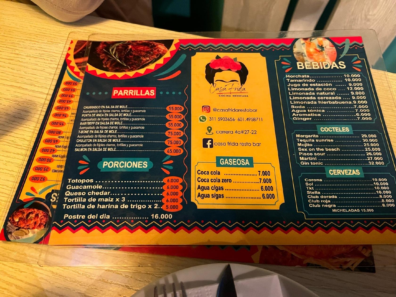 Menu at Casa Frida restaurant, Bogotá