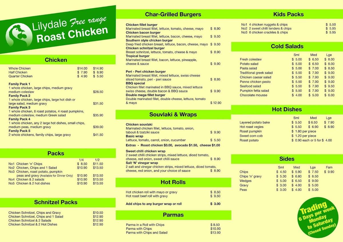 Menu at Lilydale Free Range Roast Chicken Doreen fast food, Doreen