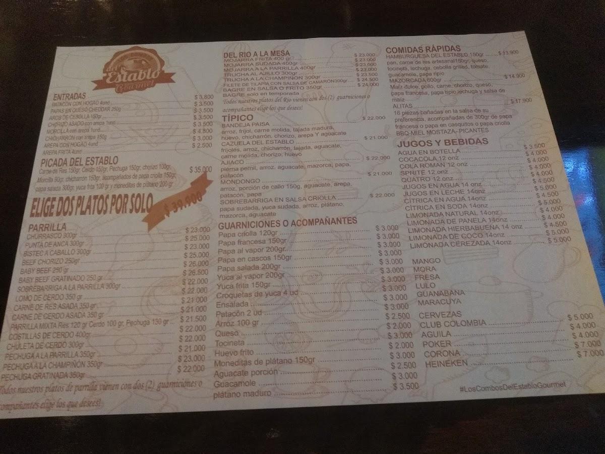 Menu at Los Combos del Establo Gourmet restaurant, Bogotá