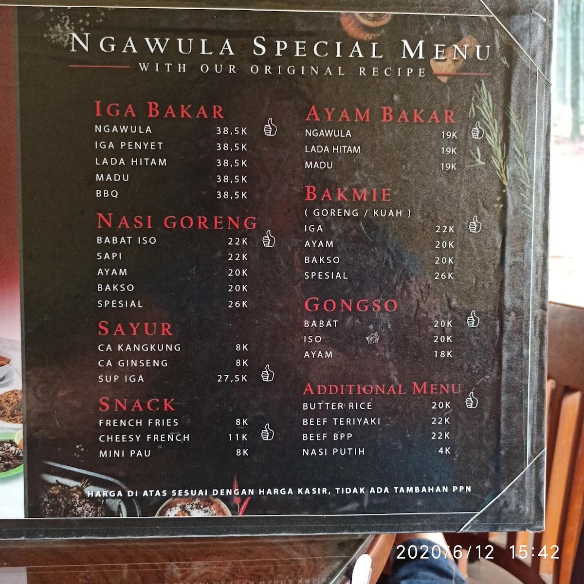 Menu at Ngawula Iga Bakar restaurant, Semarang