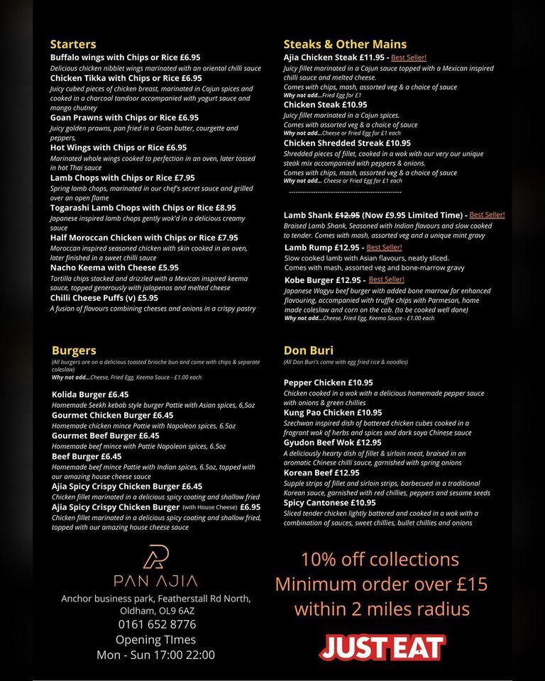 Menu at Pan Ajia restaurant, Oldham