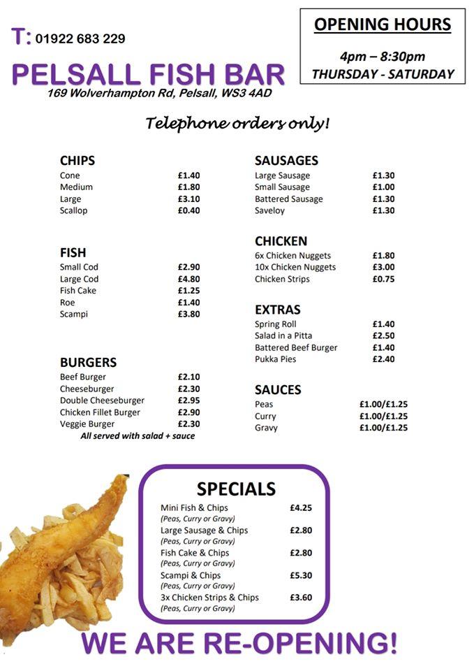 Menu at Pelsall Fish Bar, Walsall, 169 Wolverhampton Rd, Pelsall