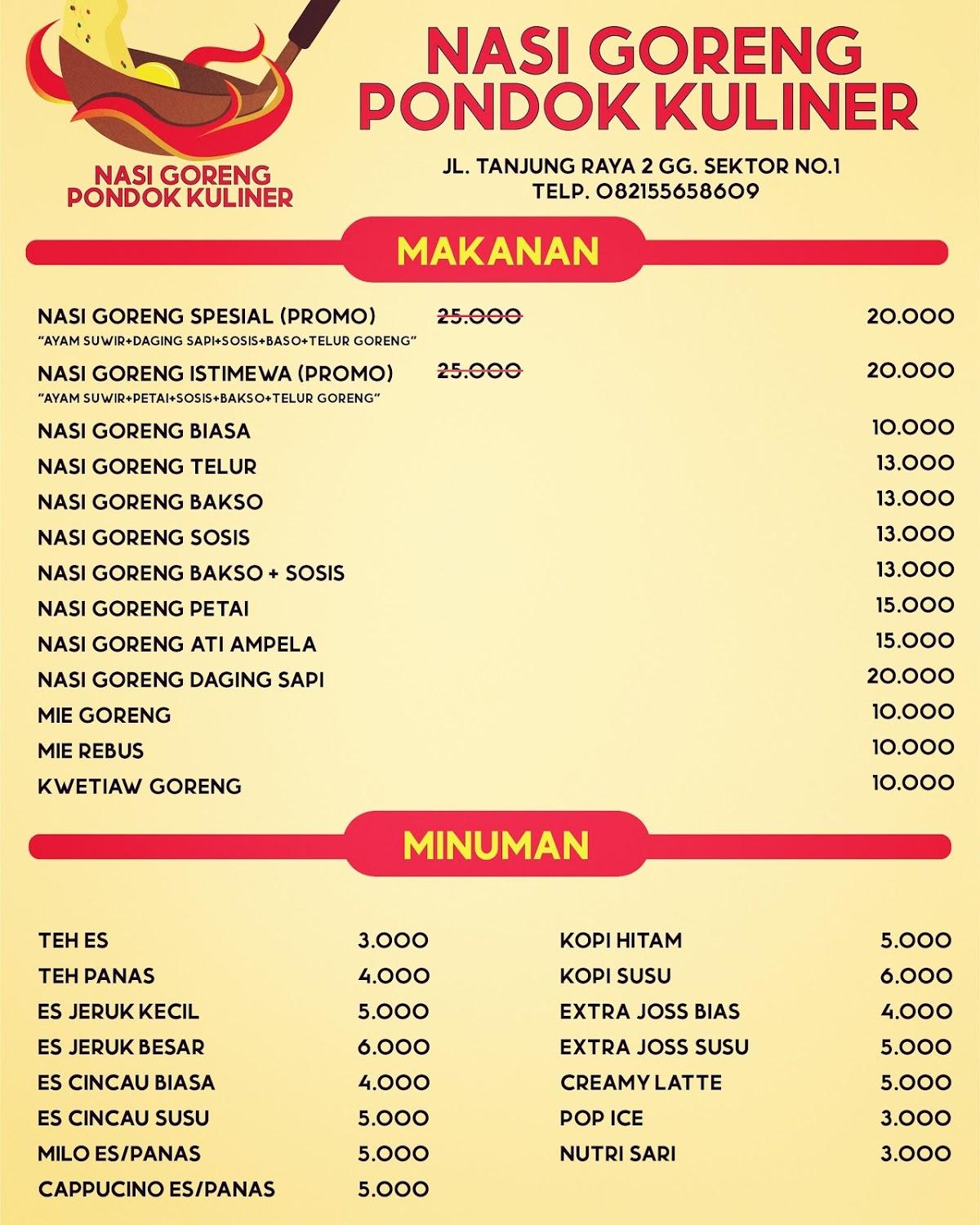 Menu at Pondok Kuliner ( Nasi Goreng ) restaurant, Pontianak