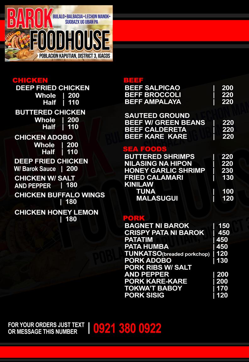 Menu at BAROK's FOODHOUSE, Island Garden City of Samal