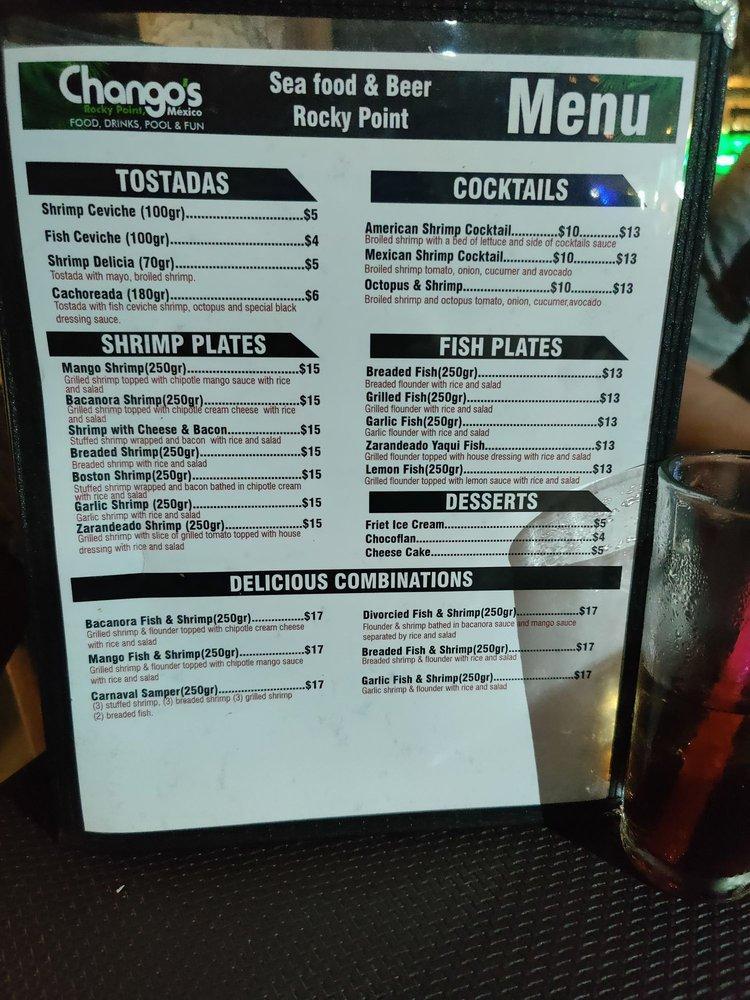 Menu at Chango's Seafood & Beer restaurant, Puerto Peñasco