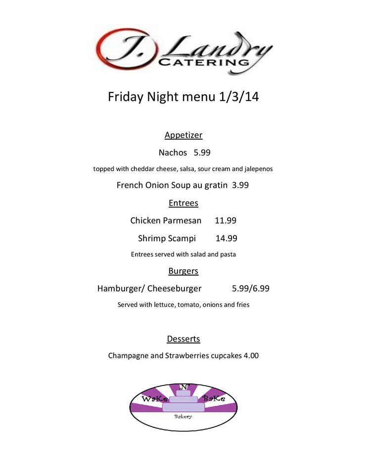 Menu at J. Landry Catering restaurant, Naugatuck