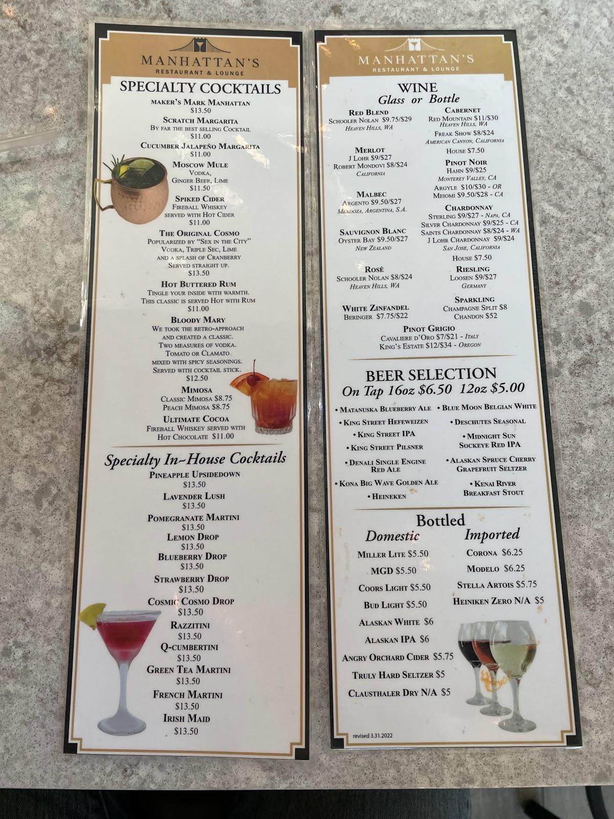 Menu at Manhattan Restaurant & Lounge, Anchorage