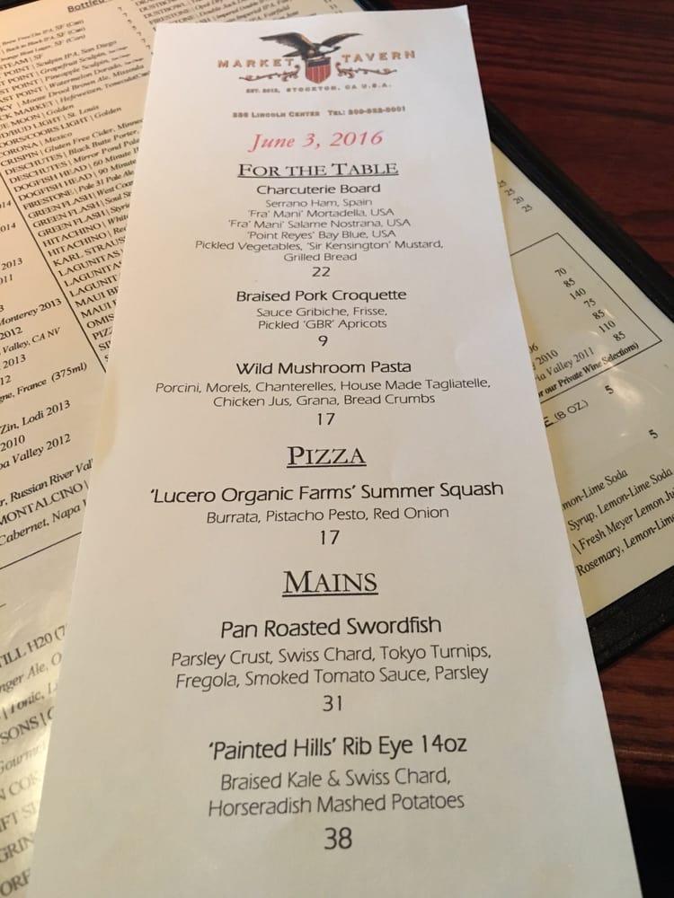 Menu at Market Tavern pizzeria, Stockton