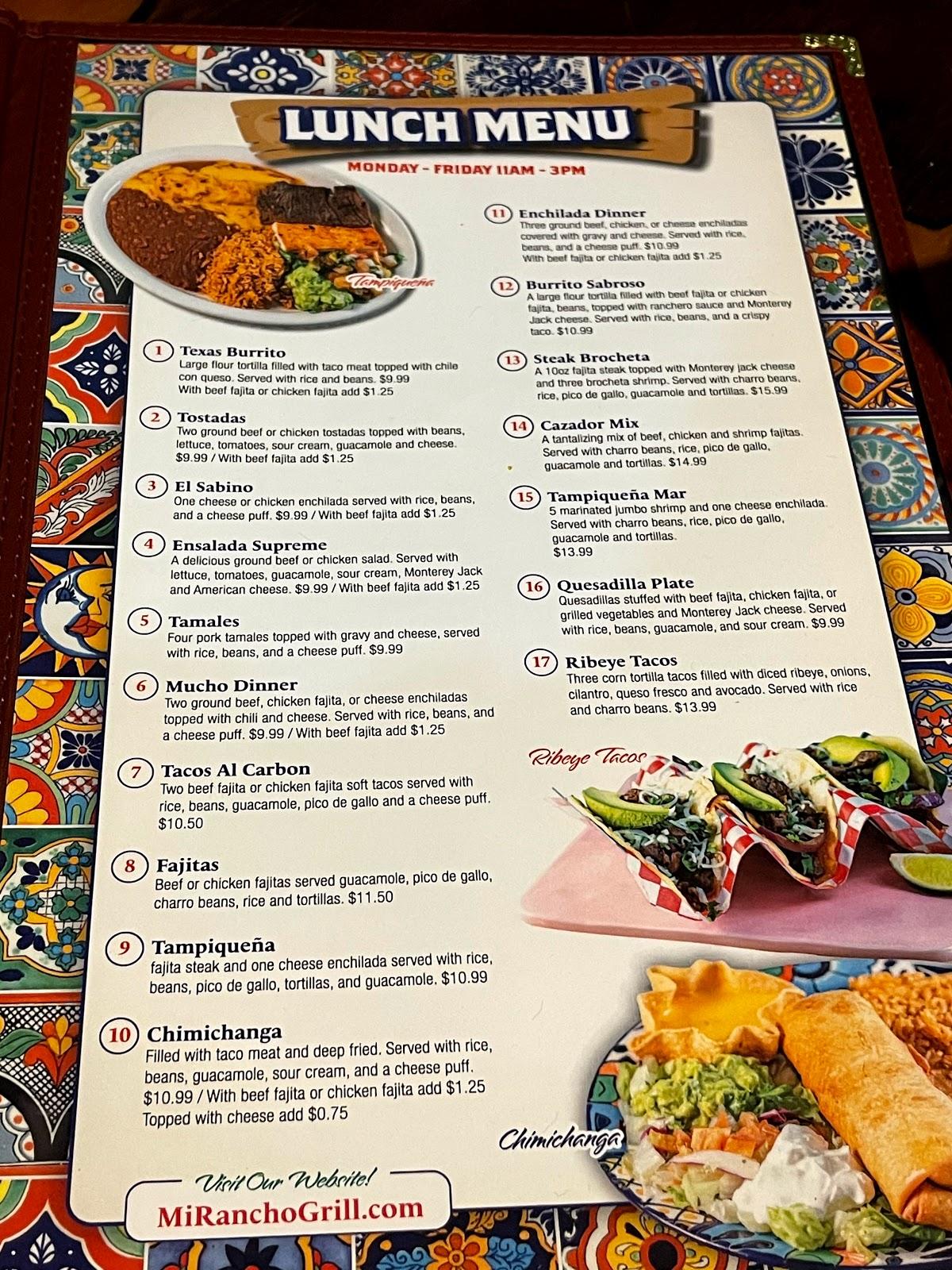 Menu at Mi Rancho Spring restaurant, The Woodlands, Farm to Market 2920