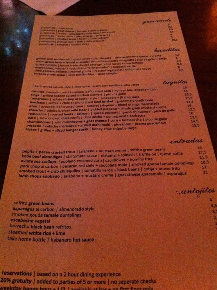 Menu at Momocho restaurant, Cleveland