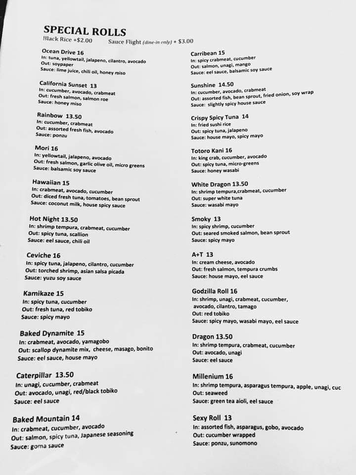 Menu at Mori Sushi restaurant, Lake in the Hills