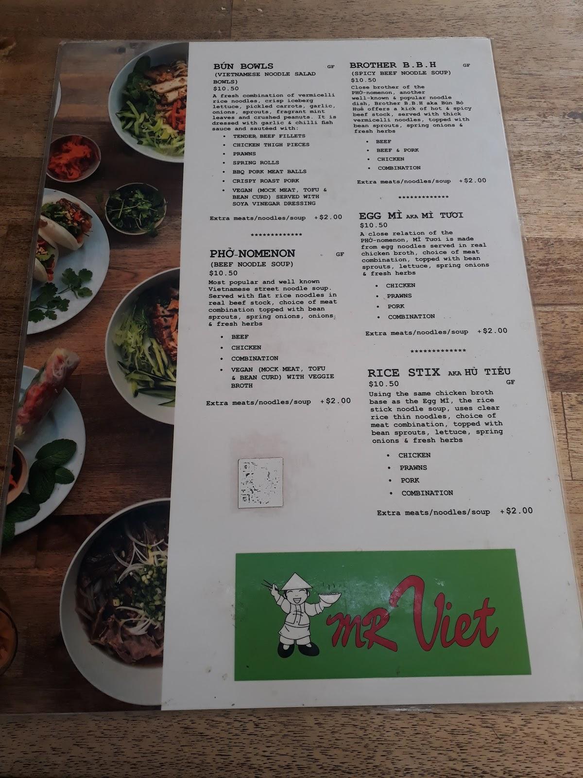 Menu at Mr Viet restaurant, Adelaide, 8/20 James Pl