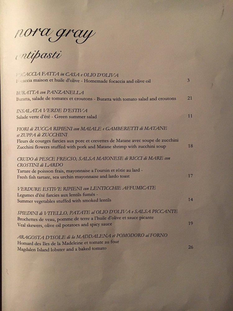 Menu at Nora Gray restaurant, Montréal