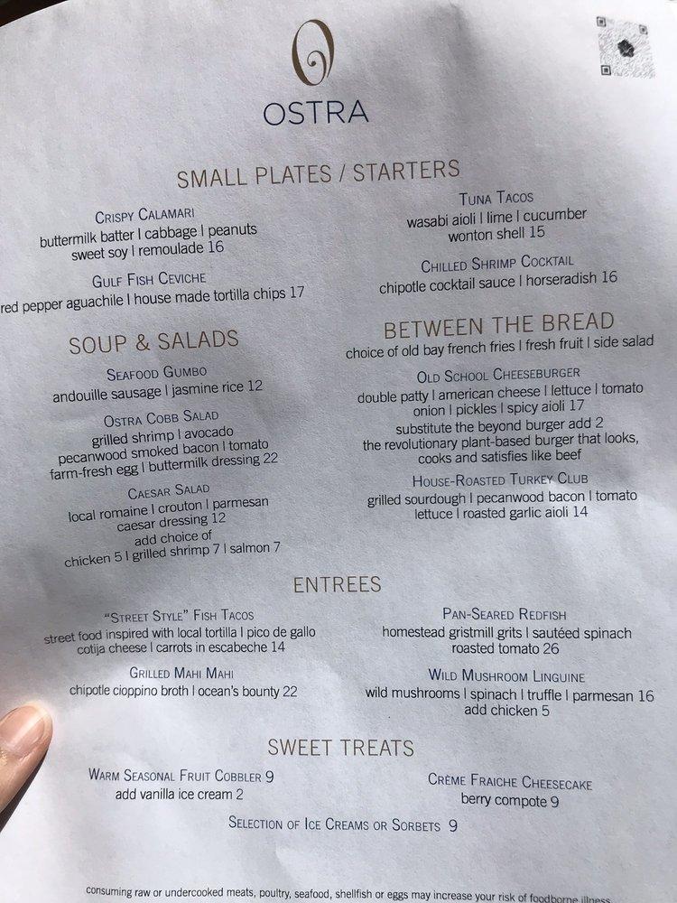 Menu at Ostra Restaurant, San Antonio