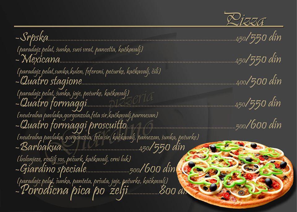 Menu at Giardino restaurant, Smederevska Palanka