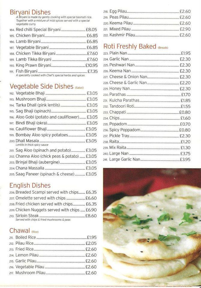 Menu at Red Chilli II restaurant, Wakefield