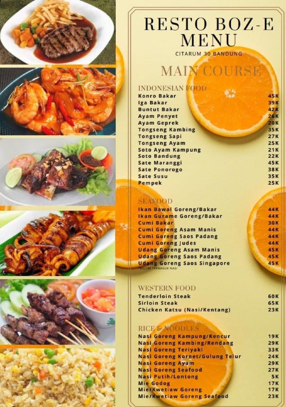 Menu at Resto Boz E restaurant, Bandung