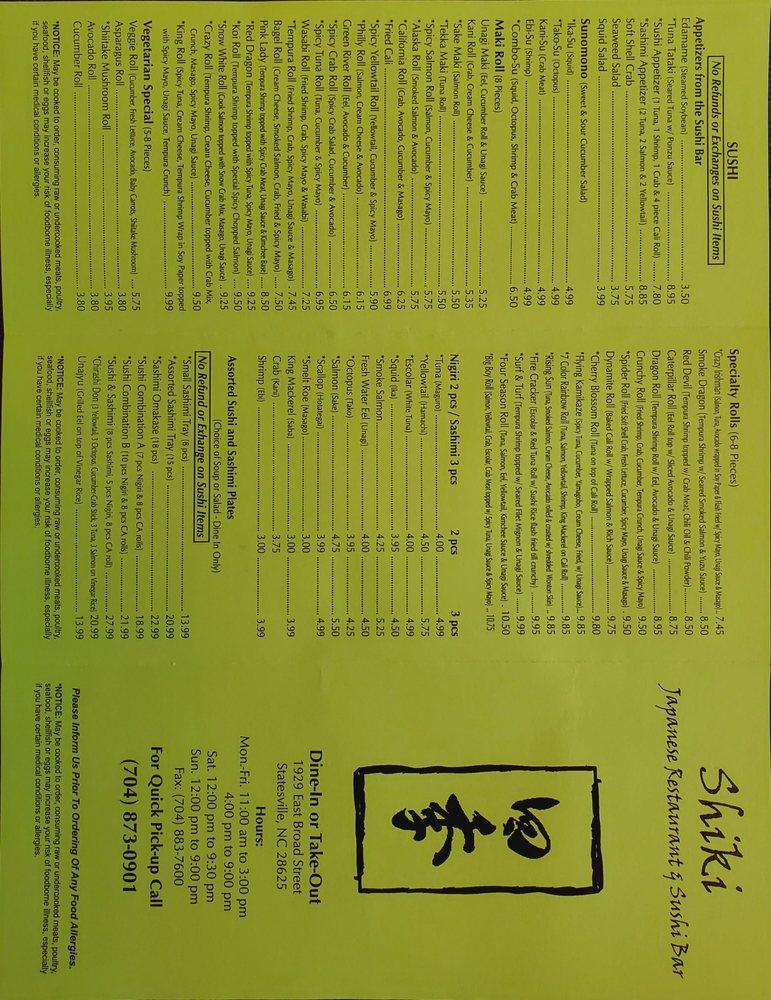 Menu at Shiki Japanese Restaurant & Sushi Bar, Statesville, E Broad St