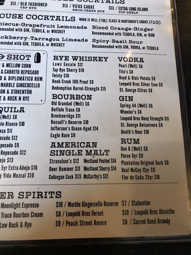 Menu at Work & Class pub & bar, Denver