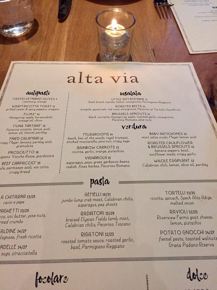 Menu at Alta Via restaurant, Pittsburgh, 46 Fox Chapel Rd