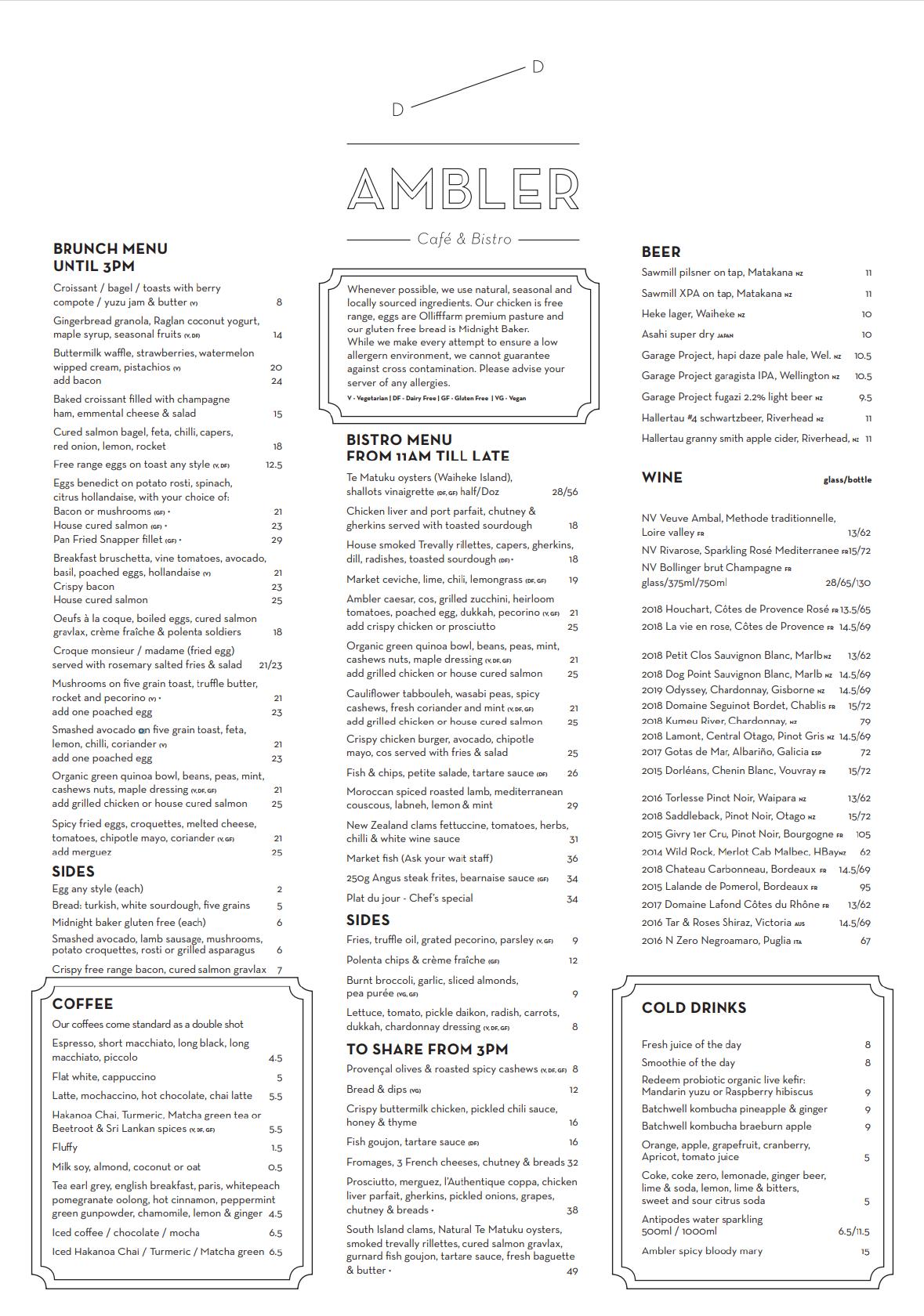 Menu at Ambler Cafe & Bistro, Auckland