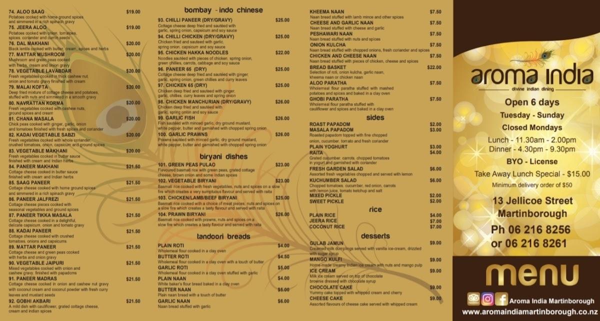 Menu at Aroma India restaurant, Martinborough