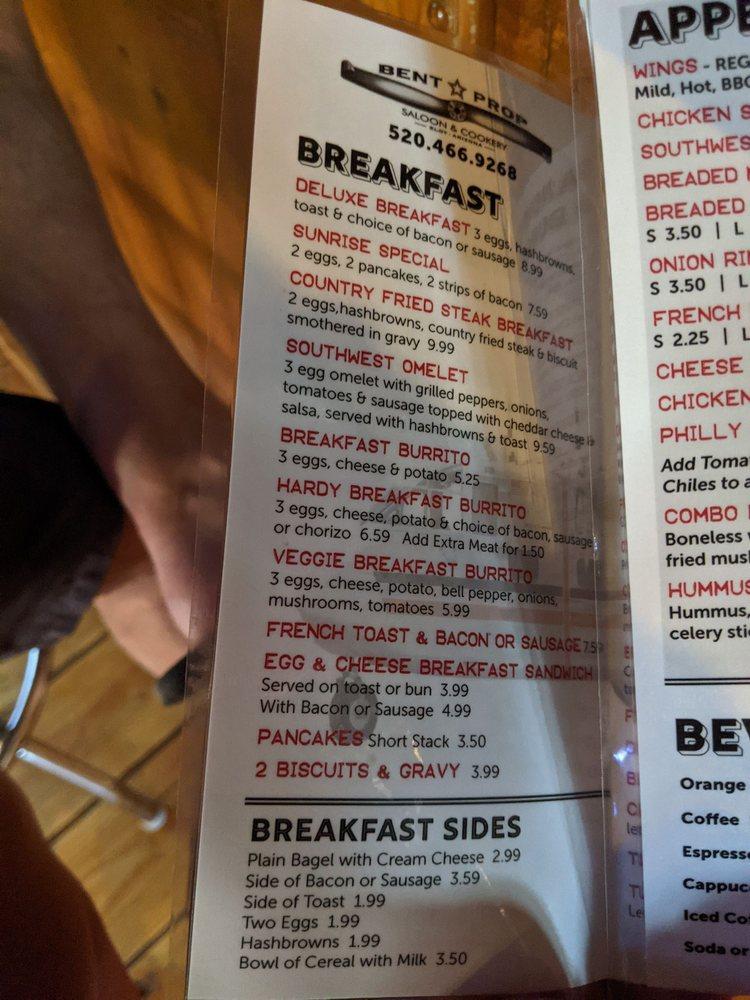 Menu at Bent Prop Saloon & Cookery pub & bar, Eloy