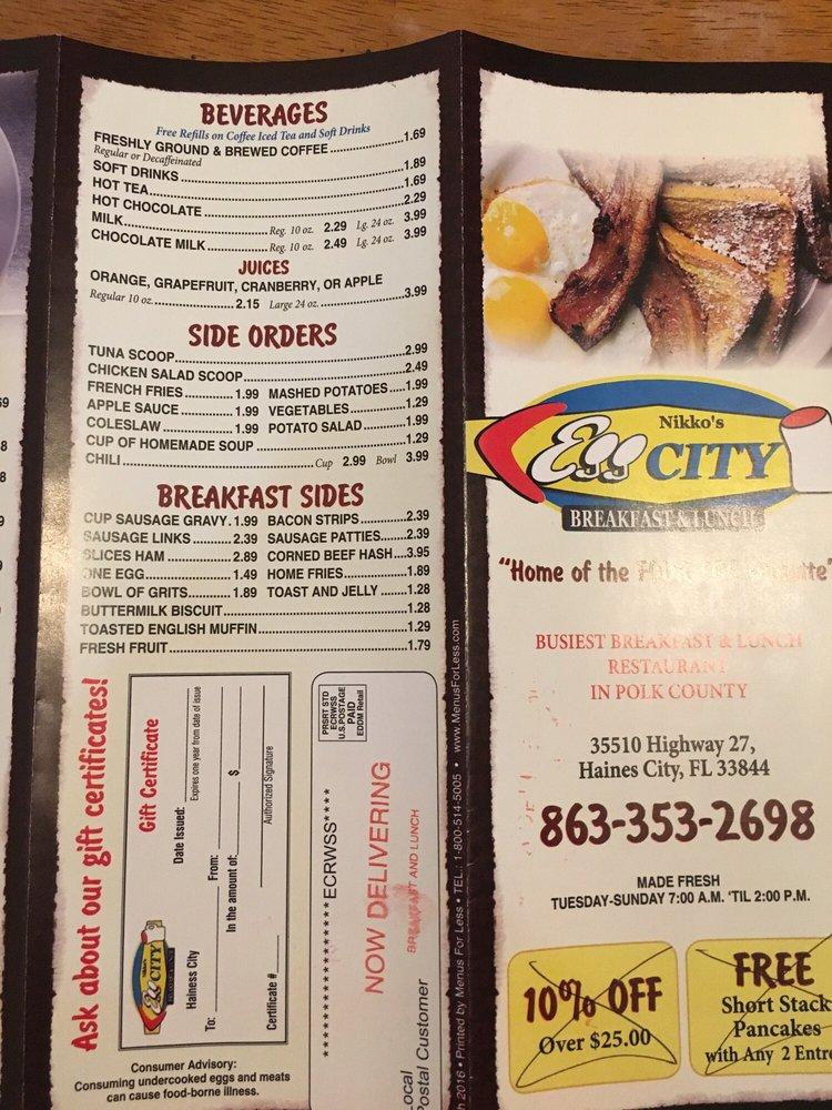 Carta del restaurante Egg City Diner, Haines City, US Hwy 27