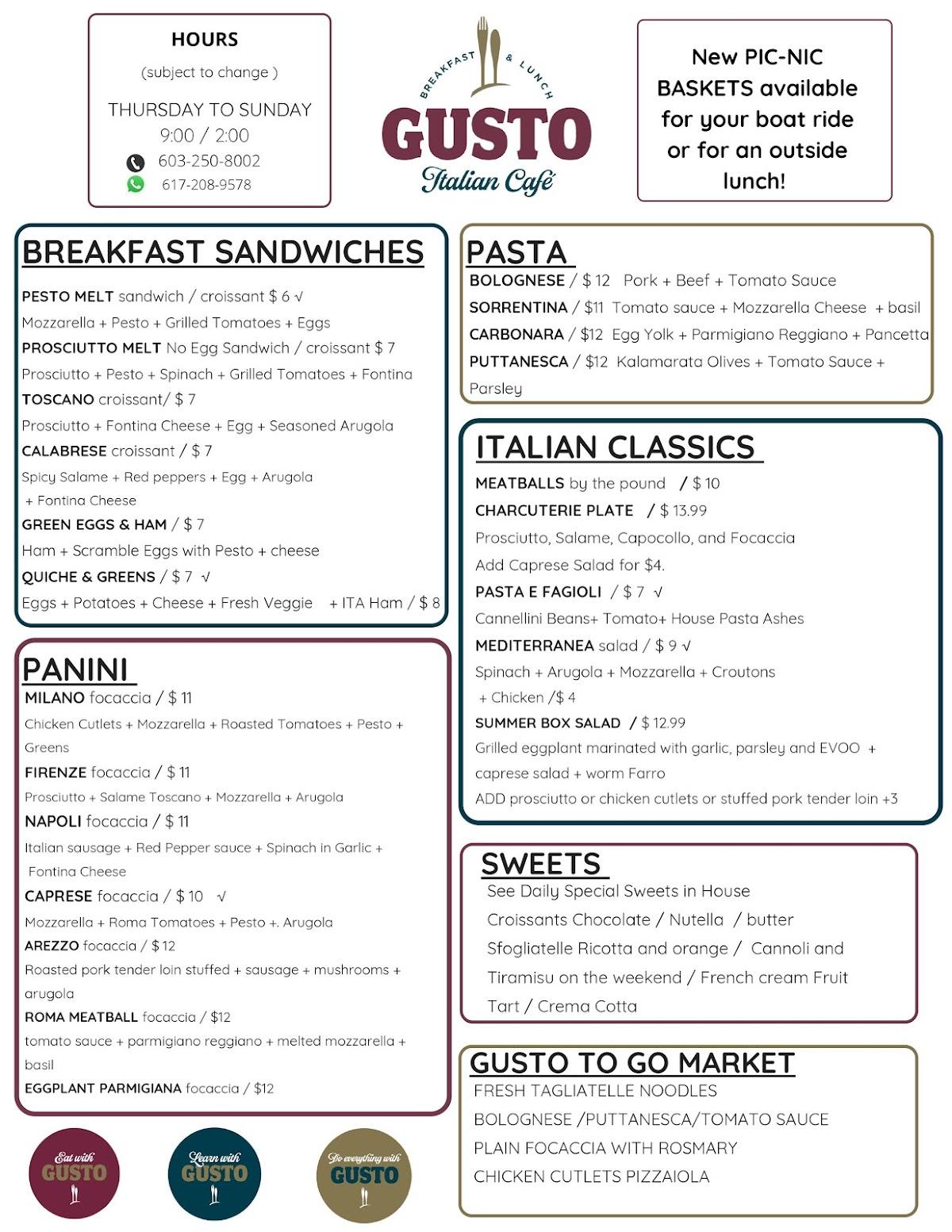 Menu at Gusto Italian Café cafe, Center Harbor