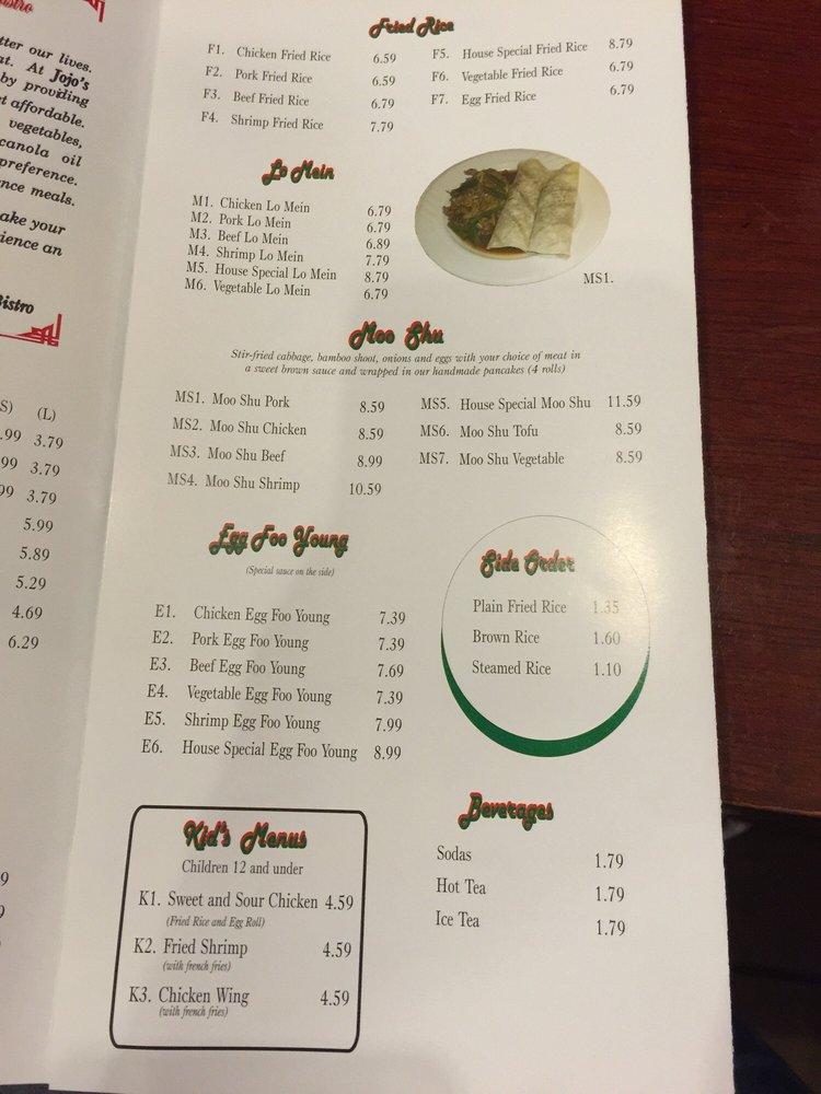 Menu at Jo Jo's China Bistro restaurant, Beaumont