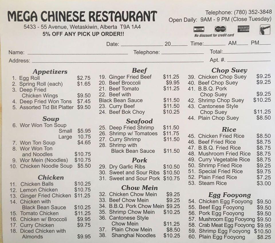 Mega Restaurant & Convenience Store, Wetaskiwin - Restaurant menu ...