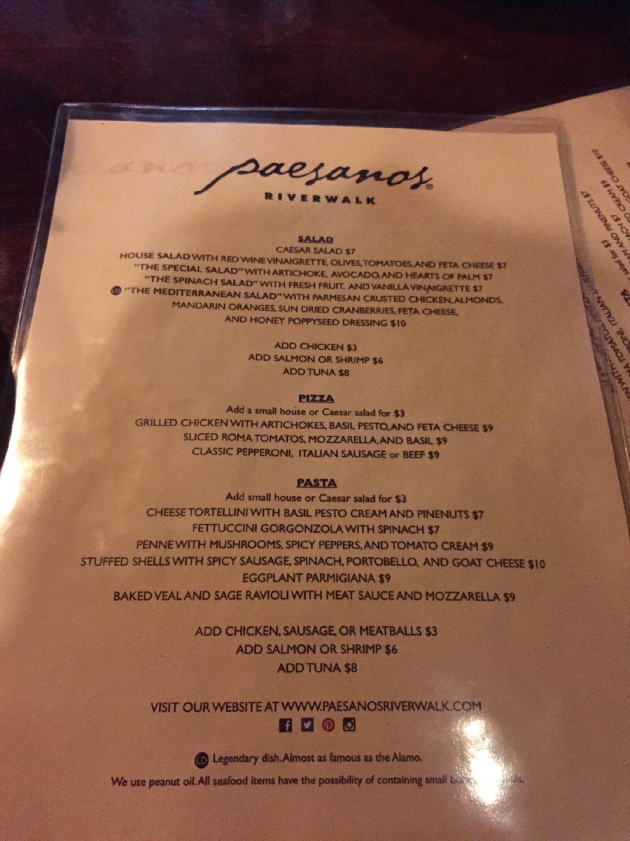 Menu at Paesanos Riverwalk pub & bar, San Antonio, 111 W Crockett St #101