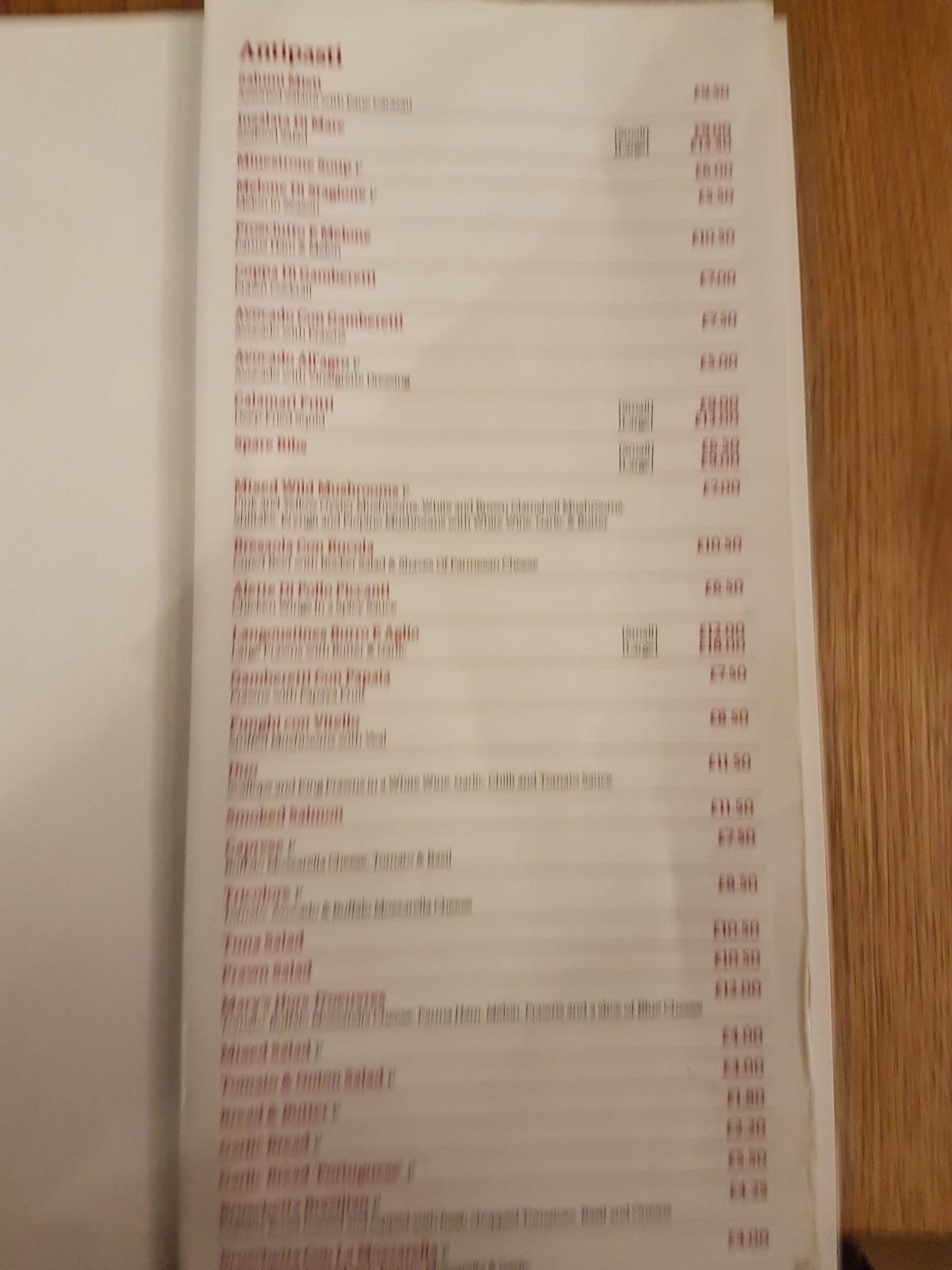 Carta de Pizzeria Bel-Sit, Woodford
