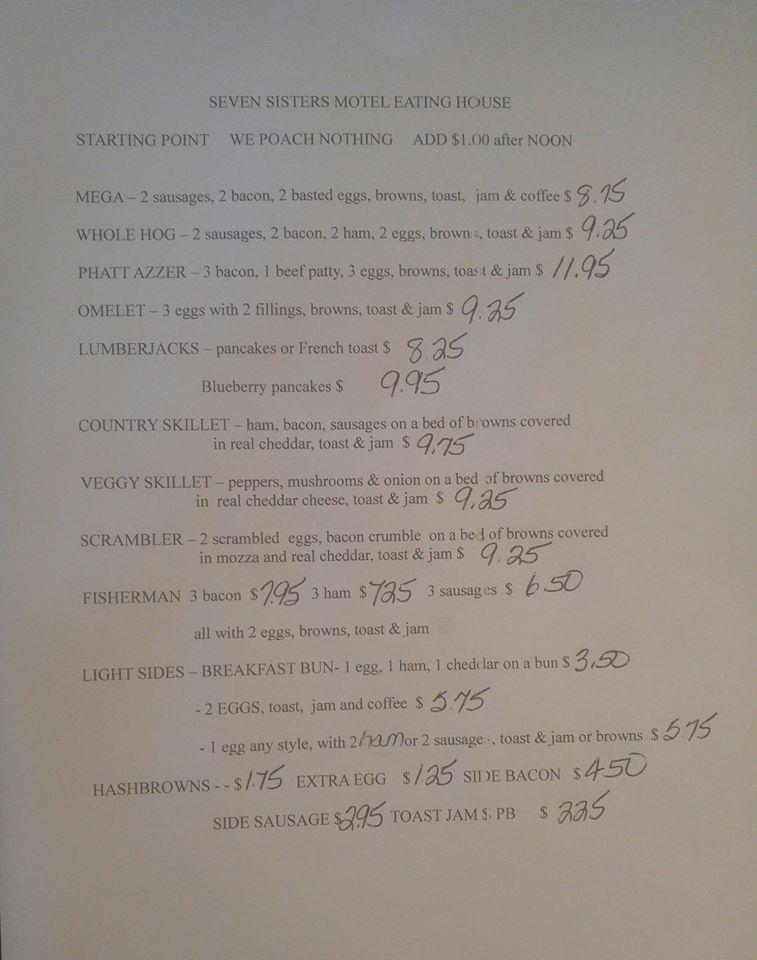 Menu at Seven Sisters Motel & Restaurant, Seven Sisters Falls
