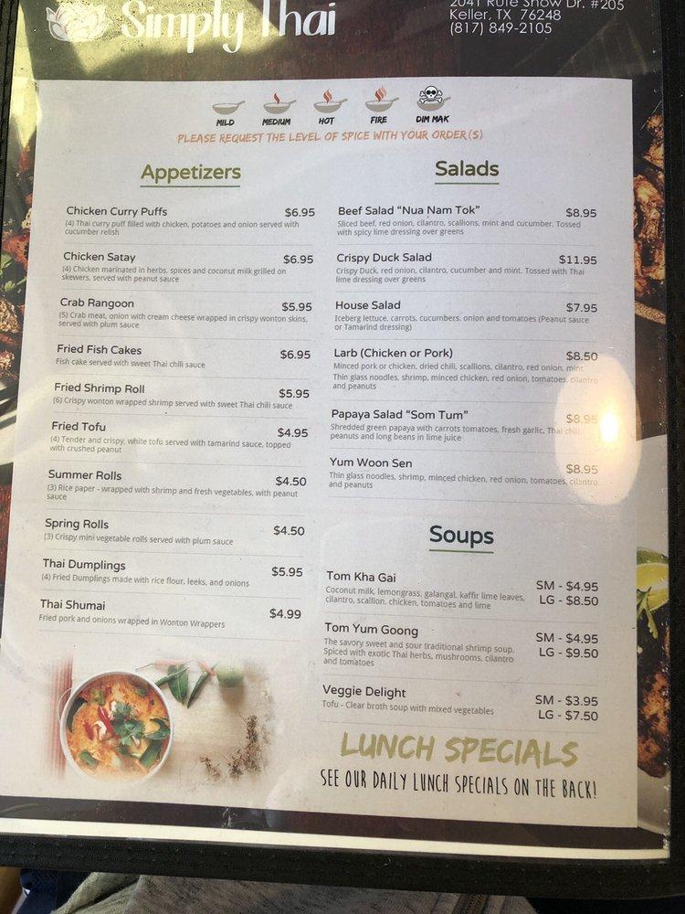 Menu at Simply Thai restaurant, Keller