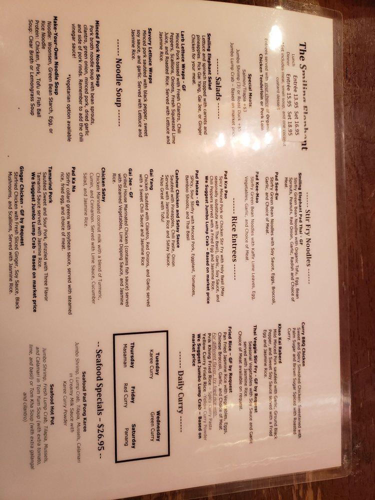 Menu at The Smiling Elephant restaurant, Nashville