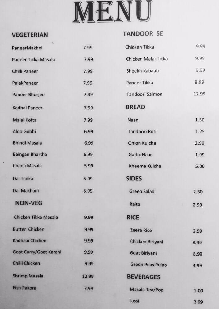 Menu at Baba Dhaba restaurant, Brampton, 255 Rutherford Rd S