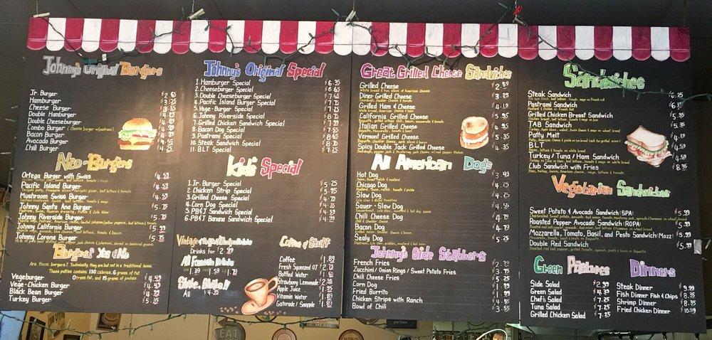 Menu at Johnny's Burgers restaurant, Riverside, Riverside Plaza Dr