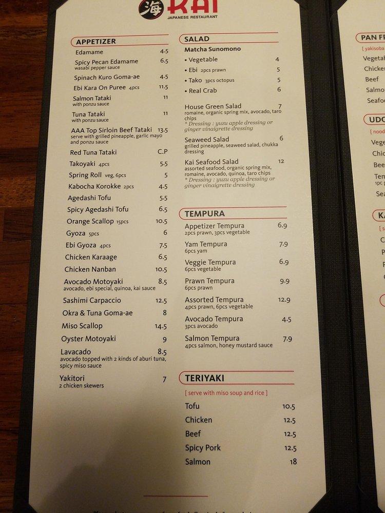 Menu at Kai Japanese Restaurant, Port Coquitlam