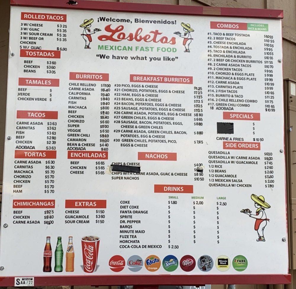 Menu at Los Betos Mexican Food restaurant, Village of Oak Creek